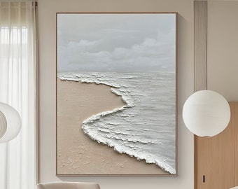 3D Minimalist Ocean Painting on Canvas Textured Wall Art Black White Waves Art Wabi-sabi Wall ...