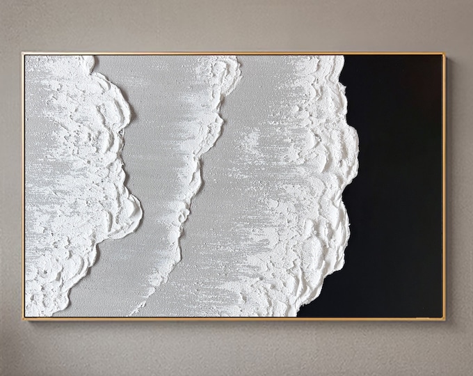 3D White Minimalist Textured Wall Art Beach Painting Ocean Wave Painting on Canvas Wabi-sabi ...