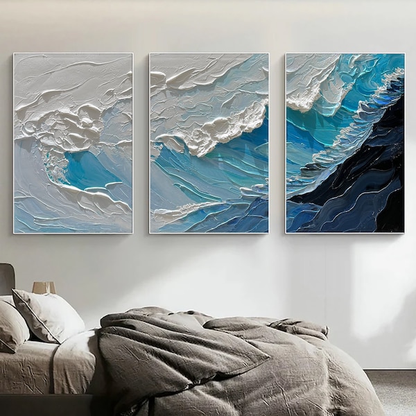3D Minimalist Ocean Painting on Canvas Textured Wall Art Black White Waves Art Wabi-sabi Wall ...