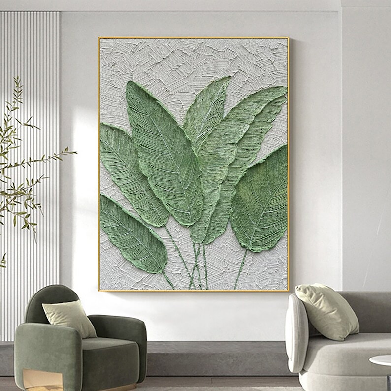 Green Leaf Oil Painting on Canvas, Minimalist Abstract Leaf Wall Art - Etsy