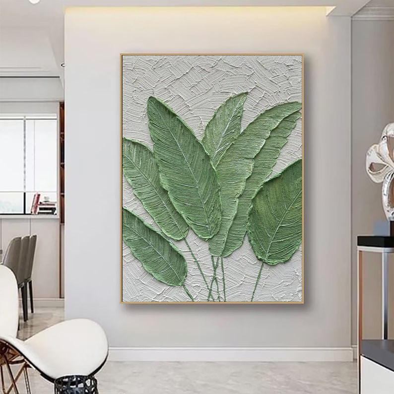 Green Leaf Oil Painting on Canvas, Minimalist Abstract Leaf Wall Art - Etsy