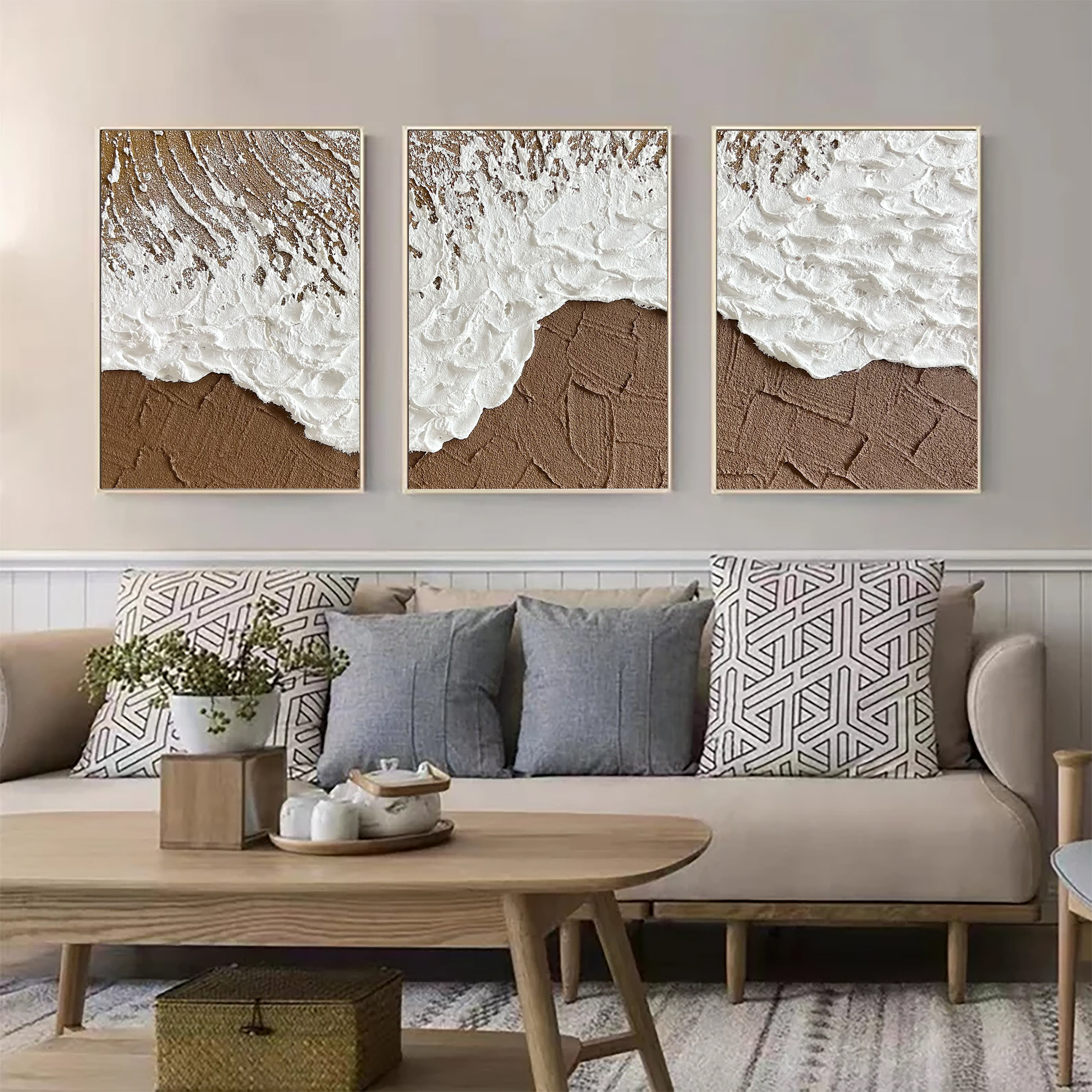 3D Minimalist Earth Textured Wall Art Triptych Ocean Wave Painting on ...