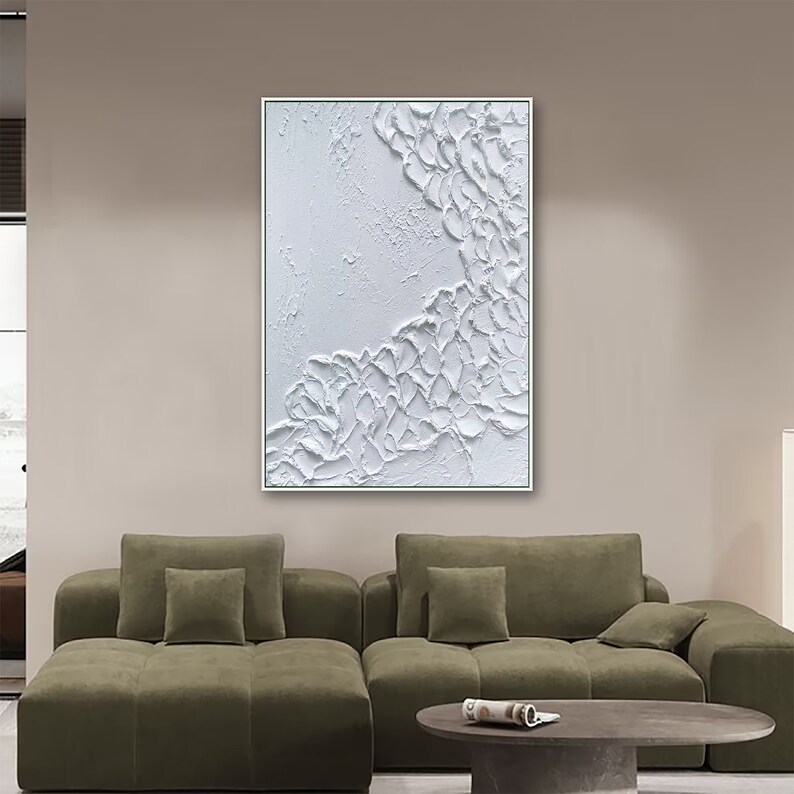 3D White Minimalist Beach Painting Textured Wall Art Ocean Wave Painting on Canvas Wabi-sabi ...
