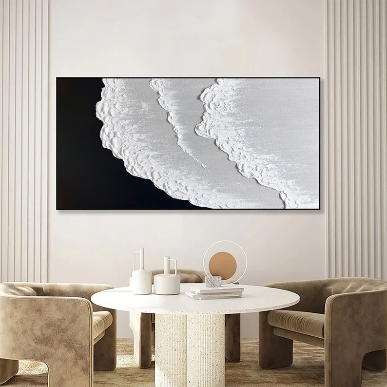 3D White Minimalist Beach Painting Textured Wall Art Ocean Wave Painting on Canvas Wabi-sabi ...
