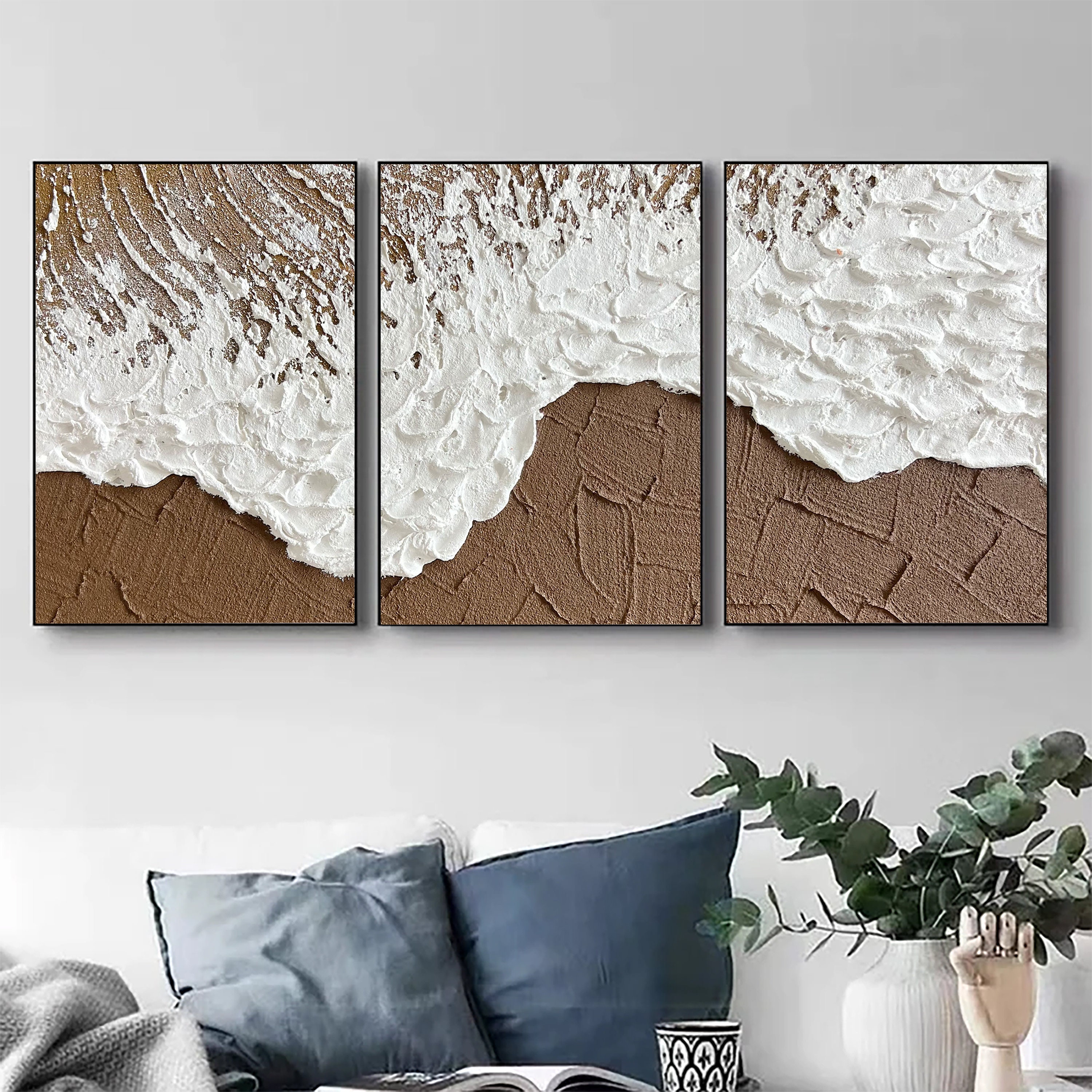 3D Minimalist Earth Textured Wall Art Triptych Ocean Wave Painting on ...