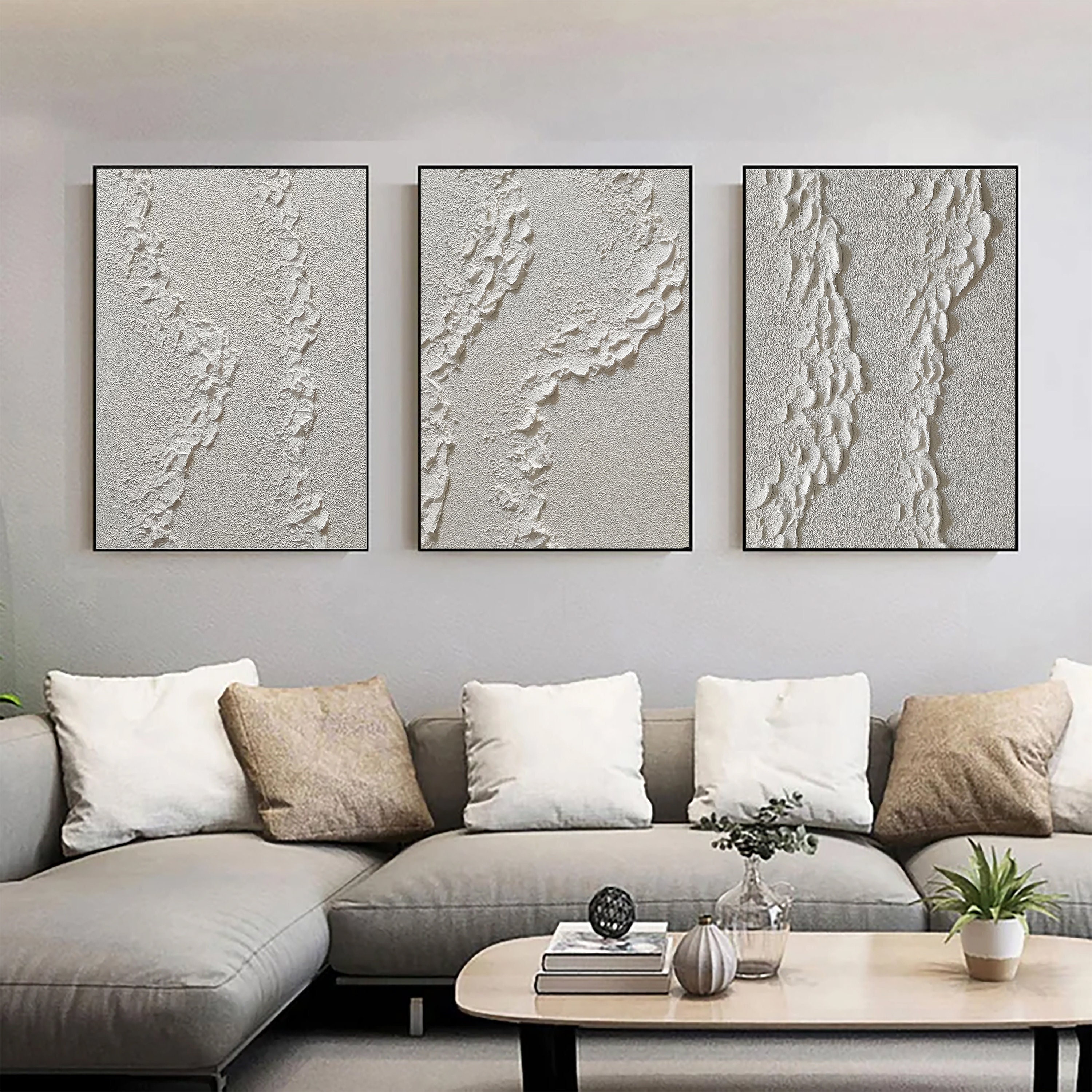 Original 3D White Minimalist Textured Wall Art Triptych Ocean Wave ...
