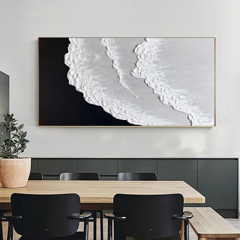 3D White Minimalist Beach Painting Textured Wall Art Ocean Wave Painting on Canvas Wabi-sabi ...