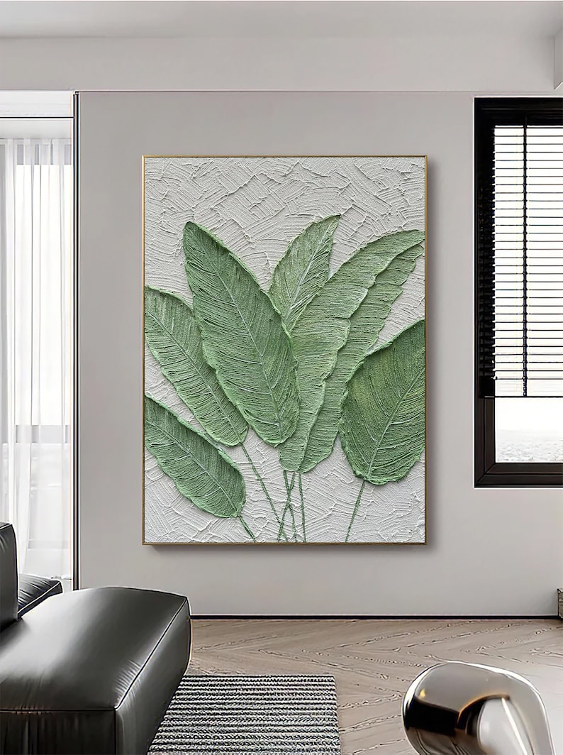 Green Leaf Oil Painting on Canvas, Minimalist Abstract Leaf Wall Art - Etsy