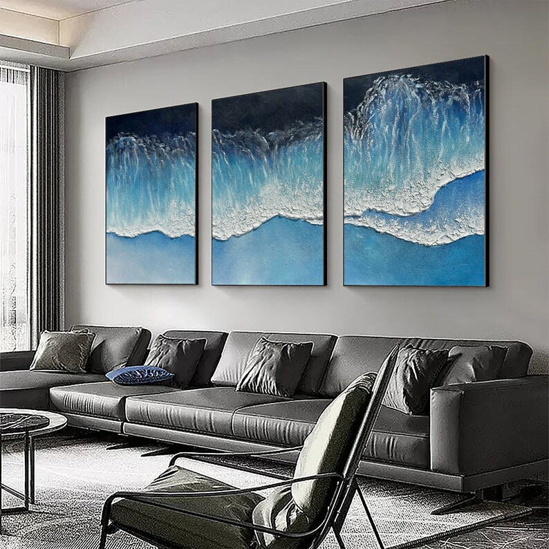 Blue Ocean Wave Triptych Painting, 3D Minimalist Textured Canvas Wall ...