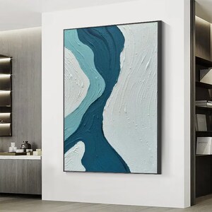 3D Framed Navy Blue Minimalist Painting on Canvas Neutural Textured ...