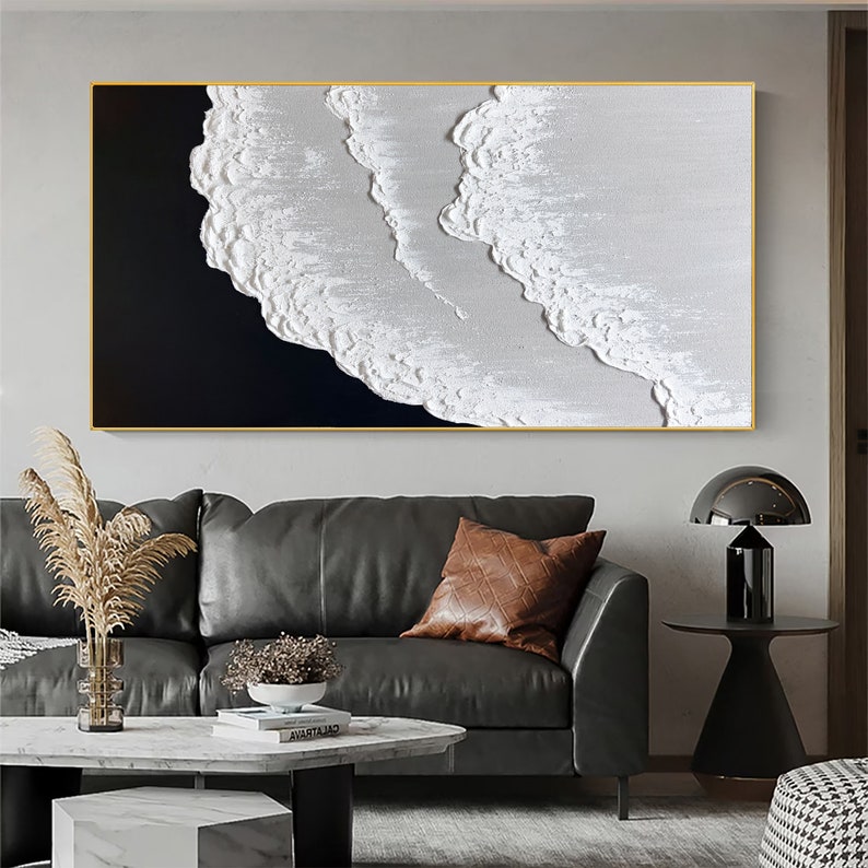 3D White Minimalist Beach Painting Textured Wall Art Ocean Wave Painting on Canvas Wabi-sabi ...