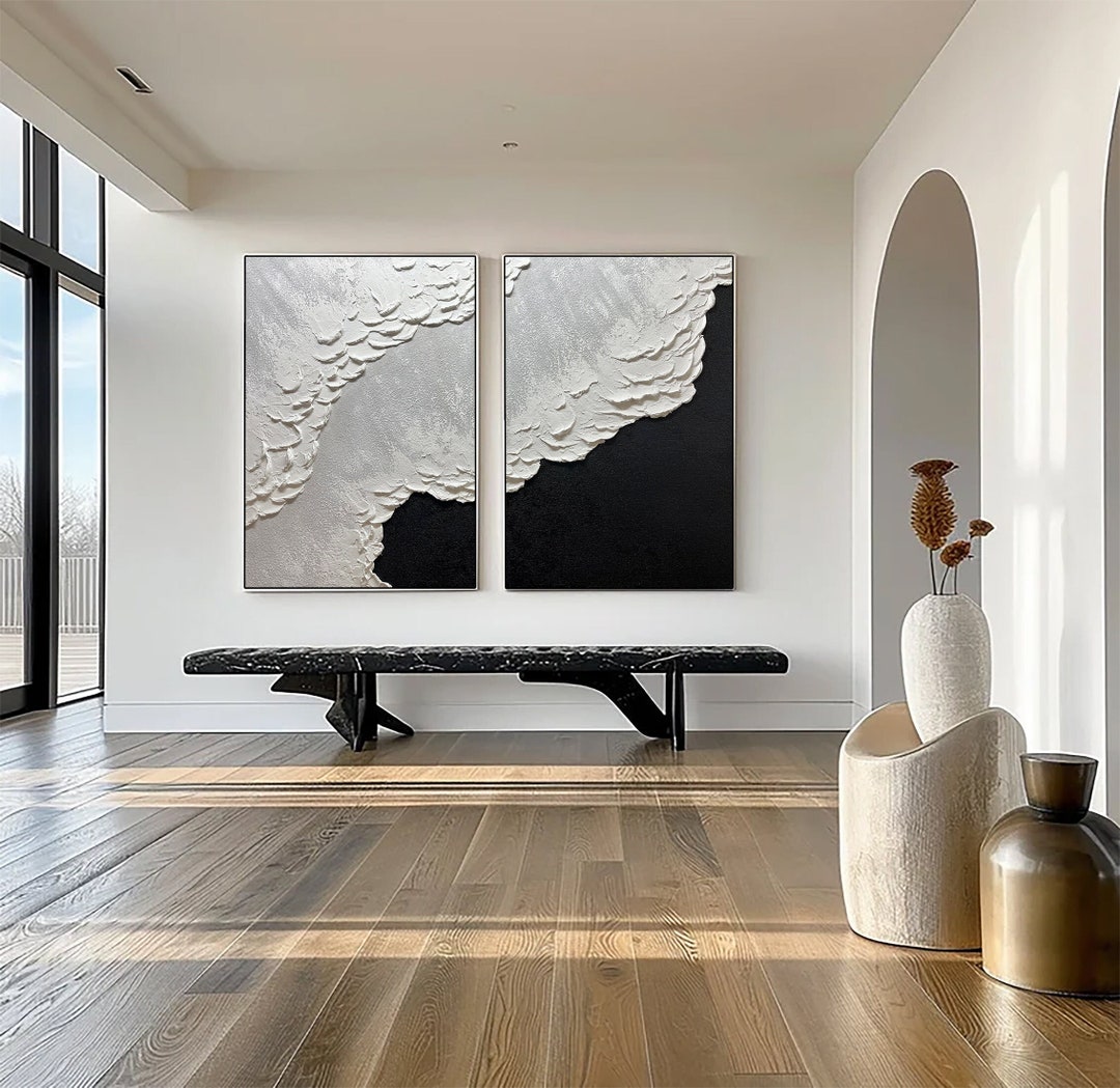 White Textured Abstract Painting Set of 2 Ocean Waves Painting 2 Pieces ...
