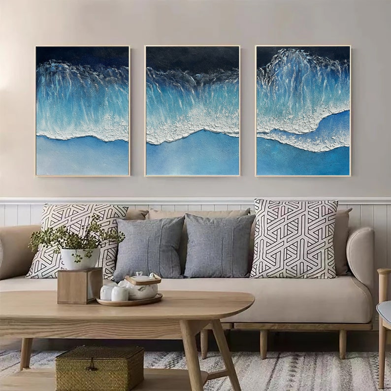 Blue Ocean Wave Triptych Painting, 3D Minimalist Textured Canvas Wall ...