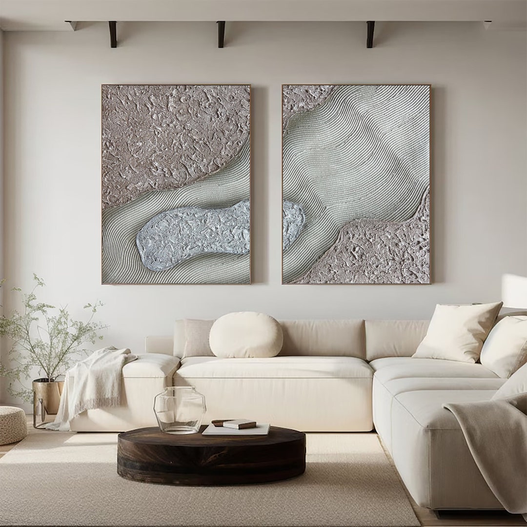 Beige Textured Abstract Painting Set of 2 Ocean Waves Painting 2 Pieces ...