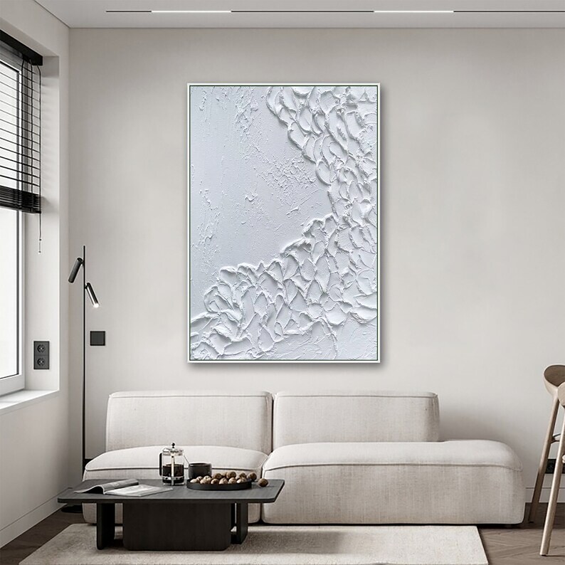 3D White Minimalist Beach Painting Textured Wall Art Ocean Wave Painting on Canvas Wabi-sabi ...