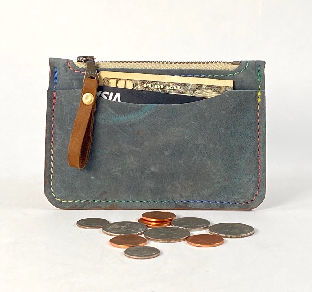 Leather Zip Coin & Card Wallet in Denim Blue - Etsy
