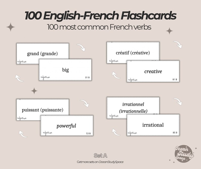 100 French Adjectives Flashcards Printable Flashcards French English ...