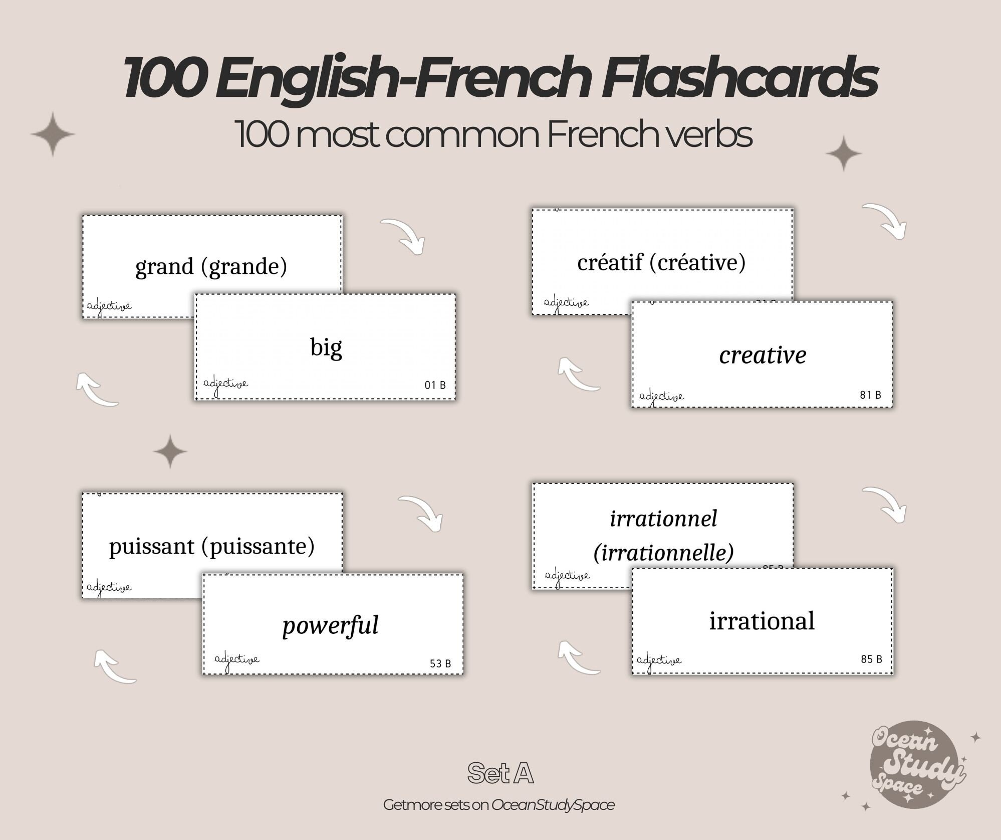 100 French Adjectives Flashcards Printable Flashcards French English ...