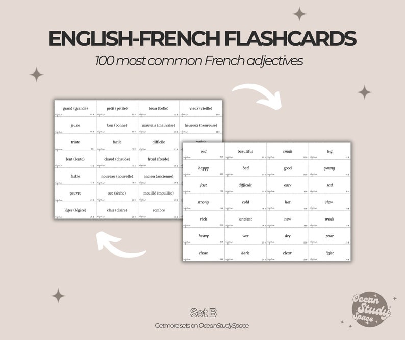 100 French Adjectives Flashcards Printable Flashcards French English ...