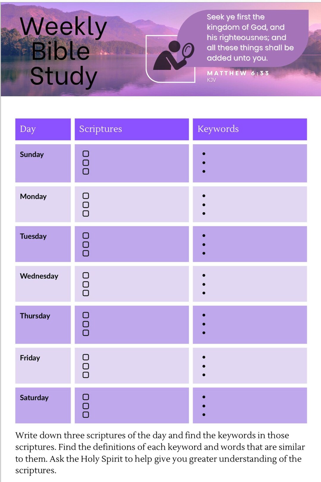 Digital Daily Weekly Bible Study Sheet, Scripture Planner, Personalized ...