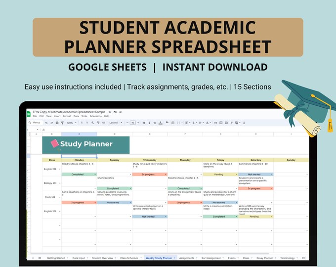 Student Planner Spreadsheet | Assignment Tracker | Academic Planner ...