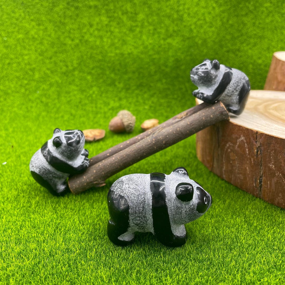 Natural Obsidian Panda Sculptures, Hand Carved Crystal Animals ...