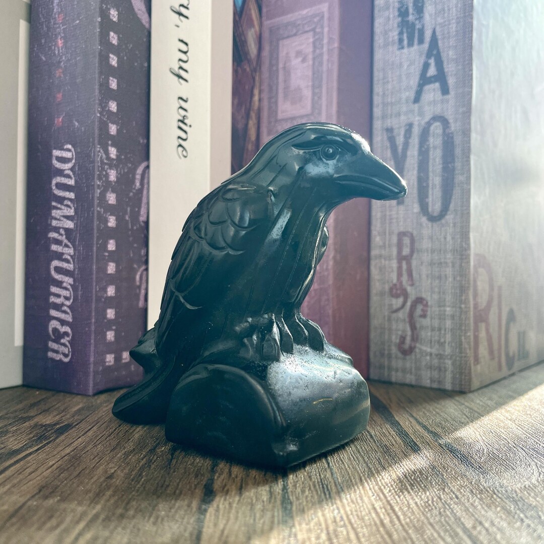 Hand Carved Black Obsidian Raven Sculpture, Natural Crystal Raven ...