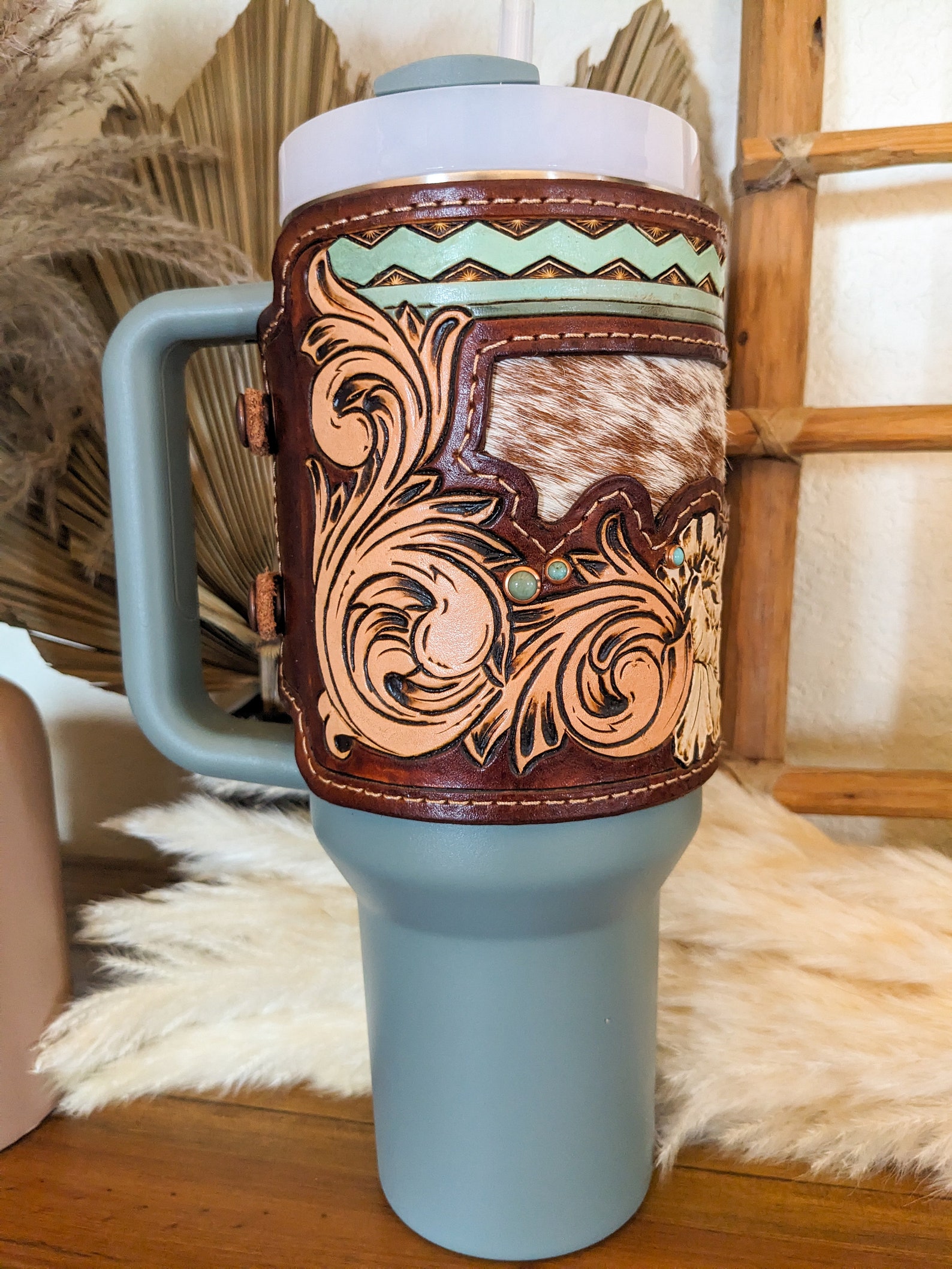 Tooled Leather and Hair on Hide Inlay Stanley Cup Wrap With Stanley Cup ...
