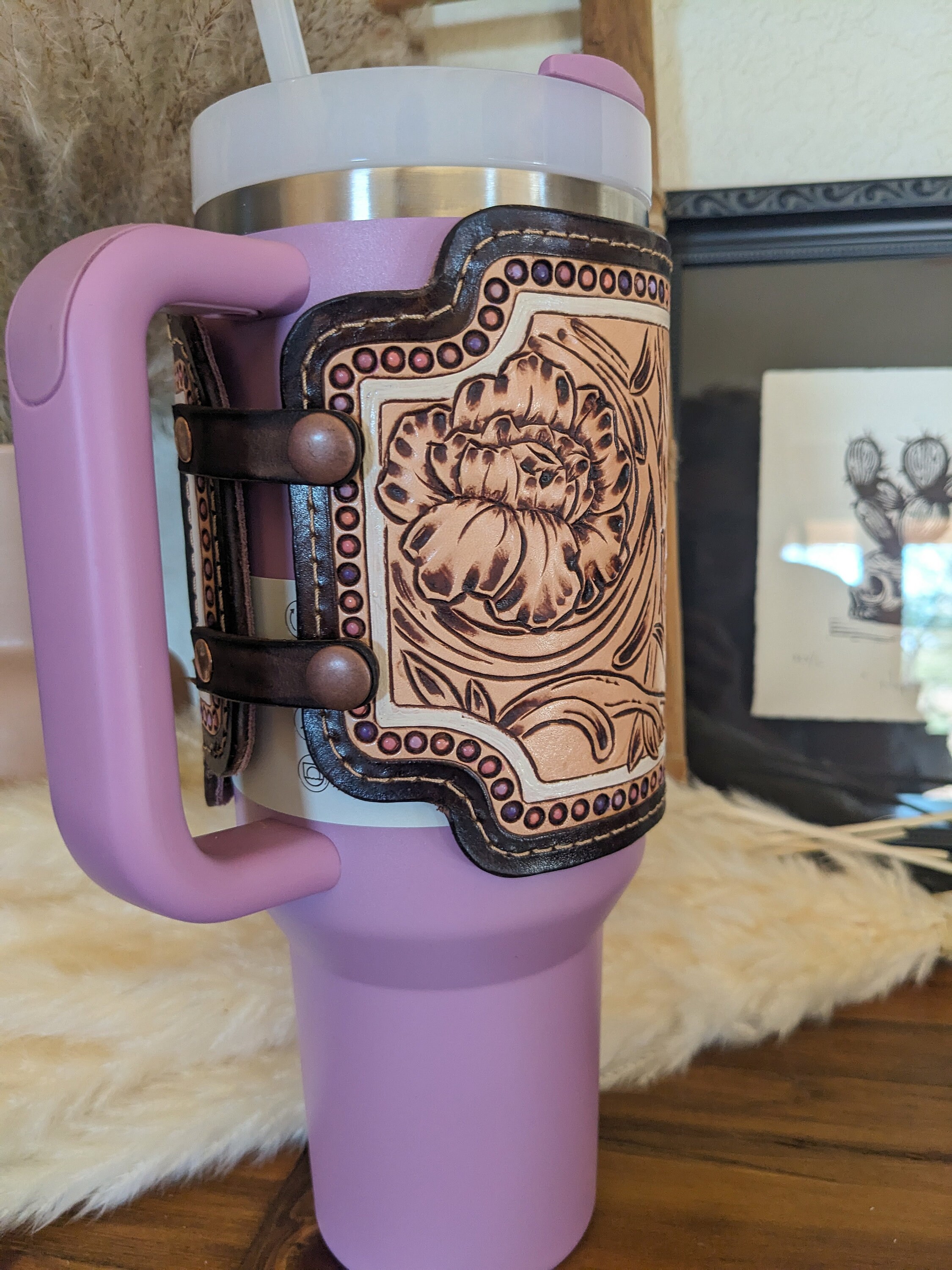 Tooled Leather Stanley Cup Wrap Complete With Tooled Flowers, Acid Wash ...