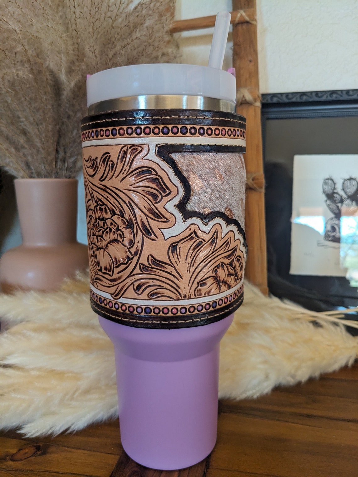 Tooled Leather Stanley Cup Wrap Complete With Tooled Flowers, Acid Wash ...