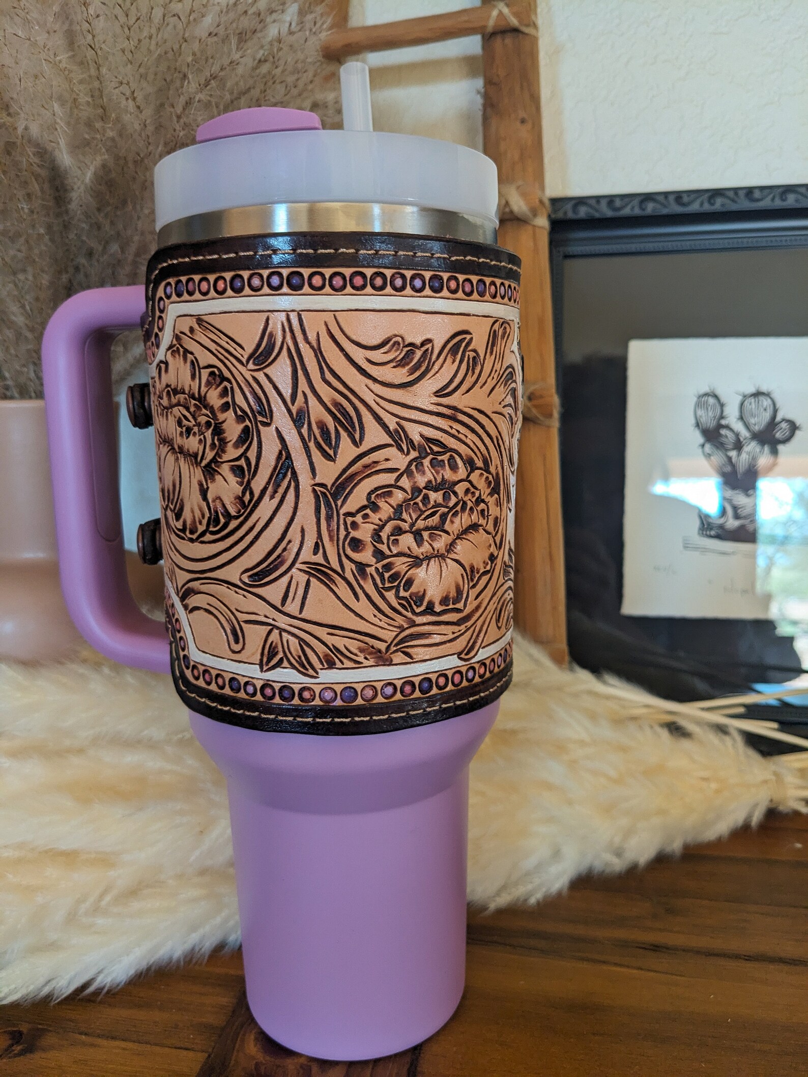 Tooled Leather Stanley Cup Wrap Complete With Tooled Flowers, Acid Wash ...