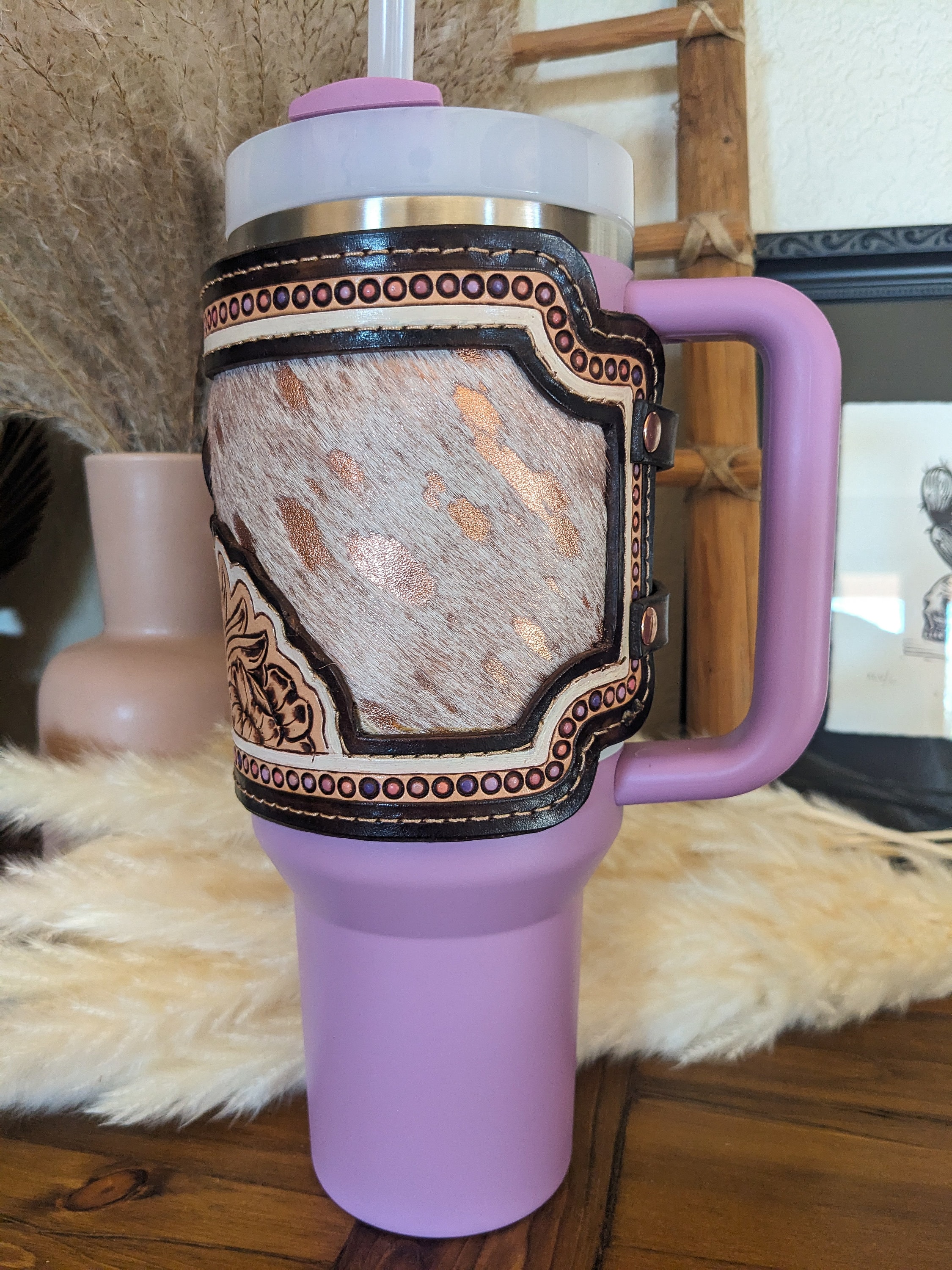Tooled Leather Stanley Cup Wrap Complete With Tooled Flowers, Acid Wash ...