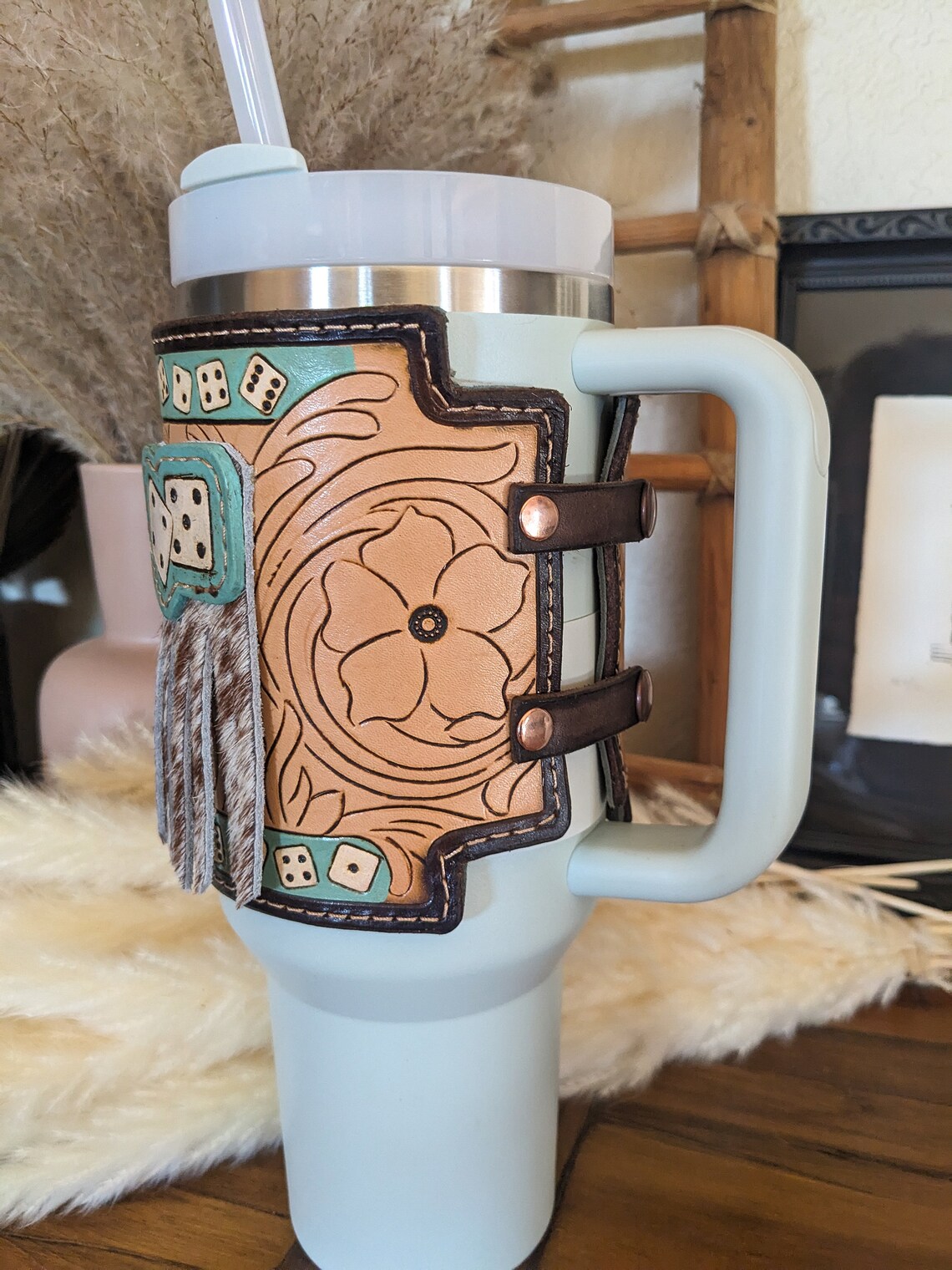 Tooled Leather Stanley Cup Wrap With Cup. Traditional Scrolling ...