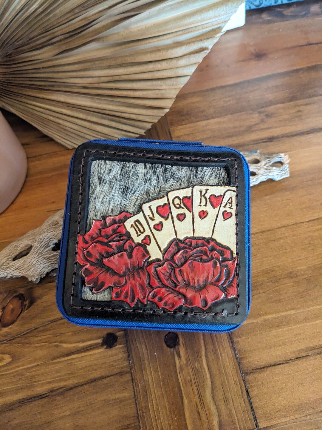 Punchy Playing Cards and Roses Tooled Leather Jewelry Box Complete With ...