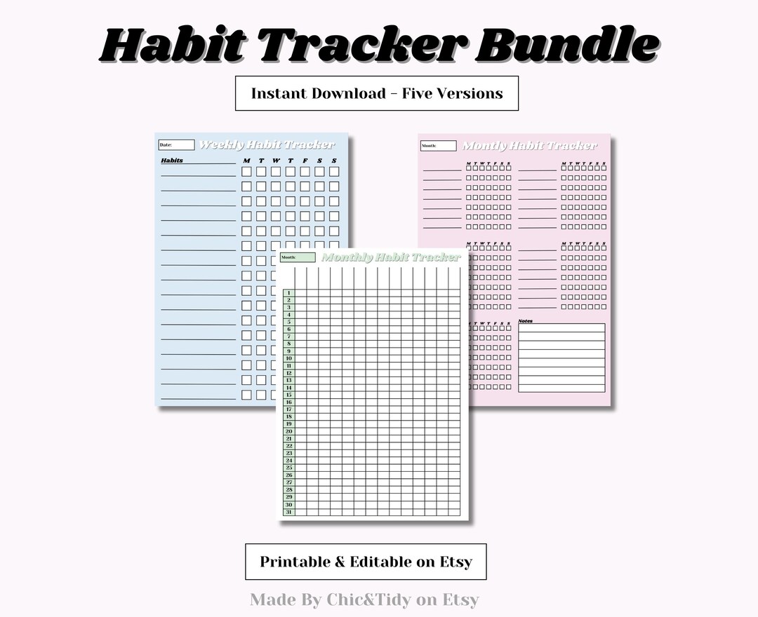 Habit Tracker Bundle, Printable and Editable on Canva, A4 and A5, Five ...
