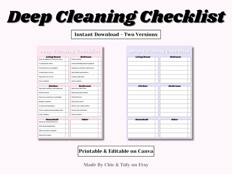 Deep Cleaning Checklist, Printable and Editable on Canva, A4, Five ...