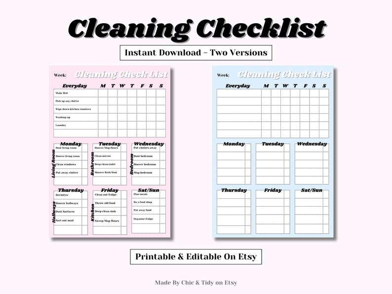 Cleaning Checklist, Printable and Editable on Canva, A4 and A5, Five ...
