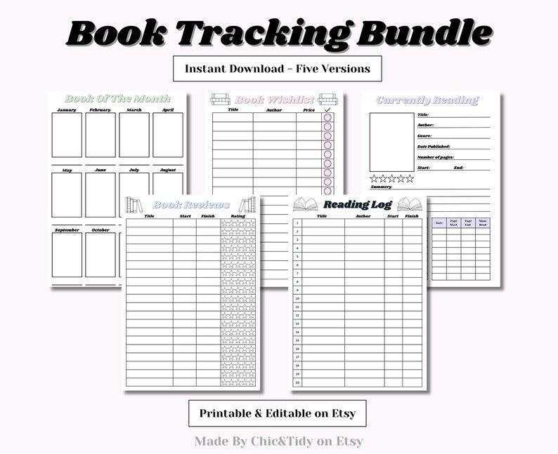 Book Tracker Bundle, Printable and Editable on Canva, A4, Five Colour ...