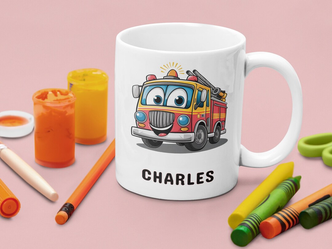 Cute Cartoon Firetruck Mug, Kids Fire Engine Mug, Fun Firefighter ...