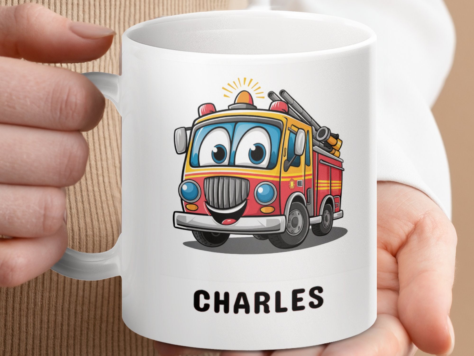 Cute Cartoon Firetruck Mug, Kids Fire Engine Mug, Fun Firefighter ...