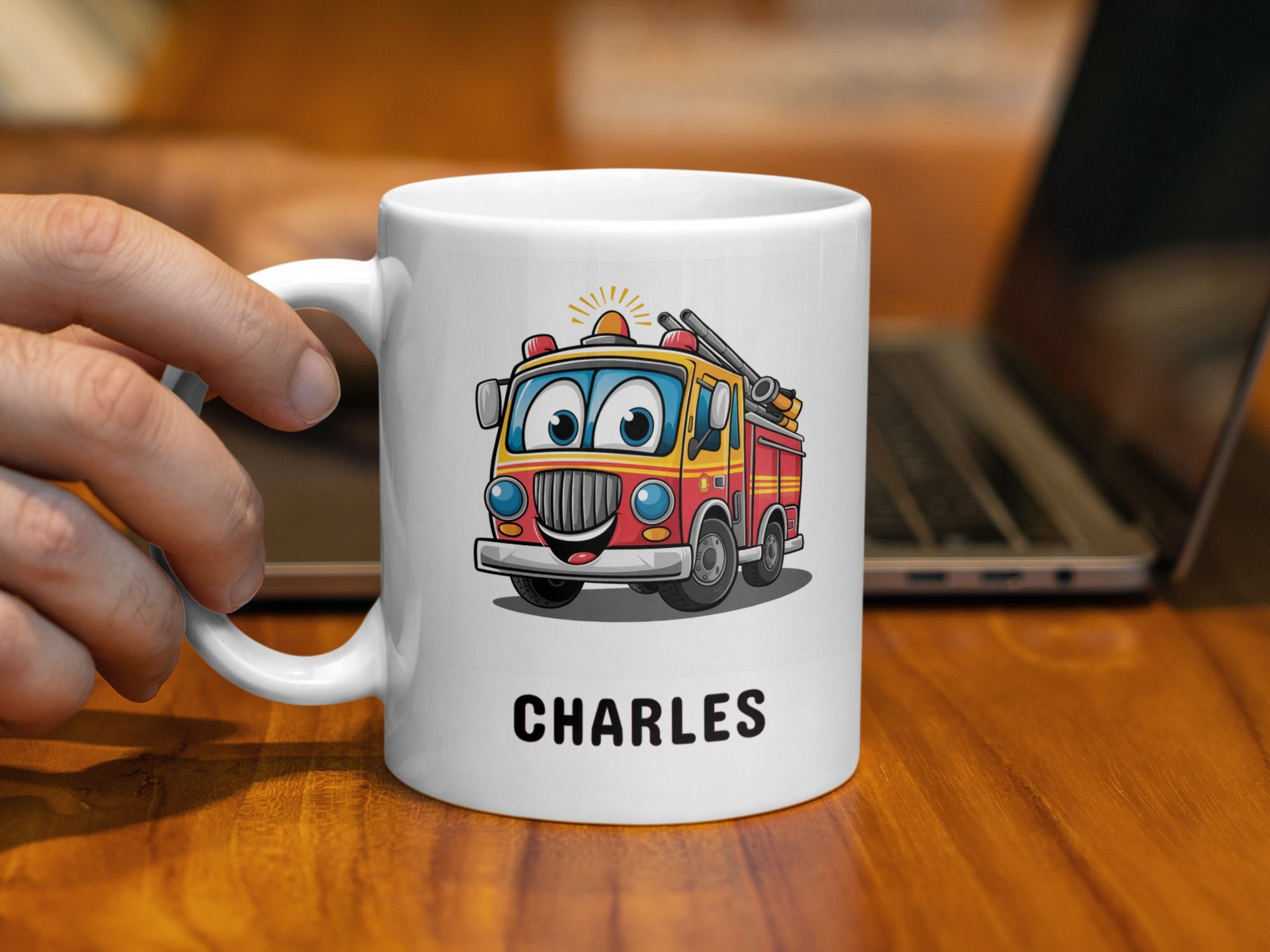 Cute Cartoon Firetruck Mug, Kids Fire Engine Mug, Fun Firefighter ...