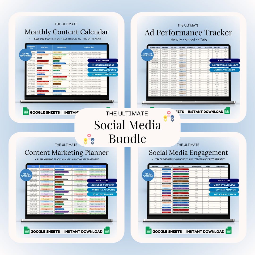 Social Media Content Calendar: Google Sheets Marketing Planner (digital ...