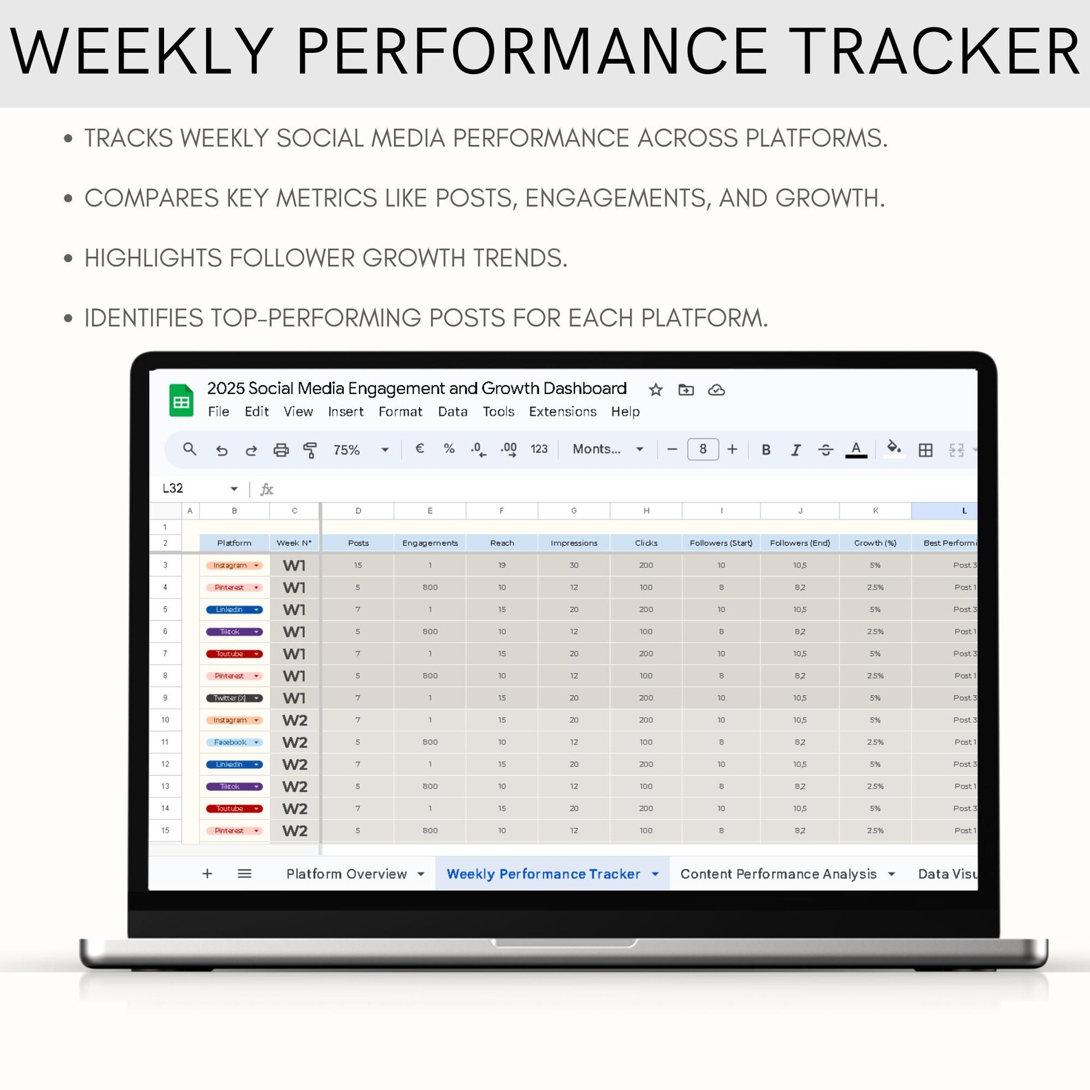 2025 Social Media Dashboard: Engagement & Growth Tracker (google Sheets ...