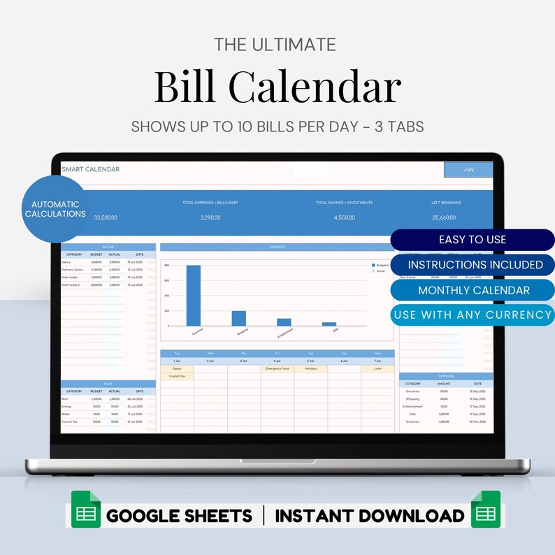 Bill Tracker Spreadsheet Google Sheets, Bill Calendar Monthly Smart Bill Planner, Editable Bill ...