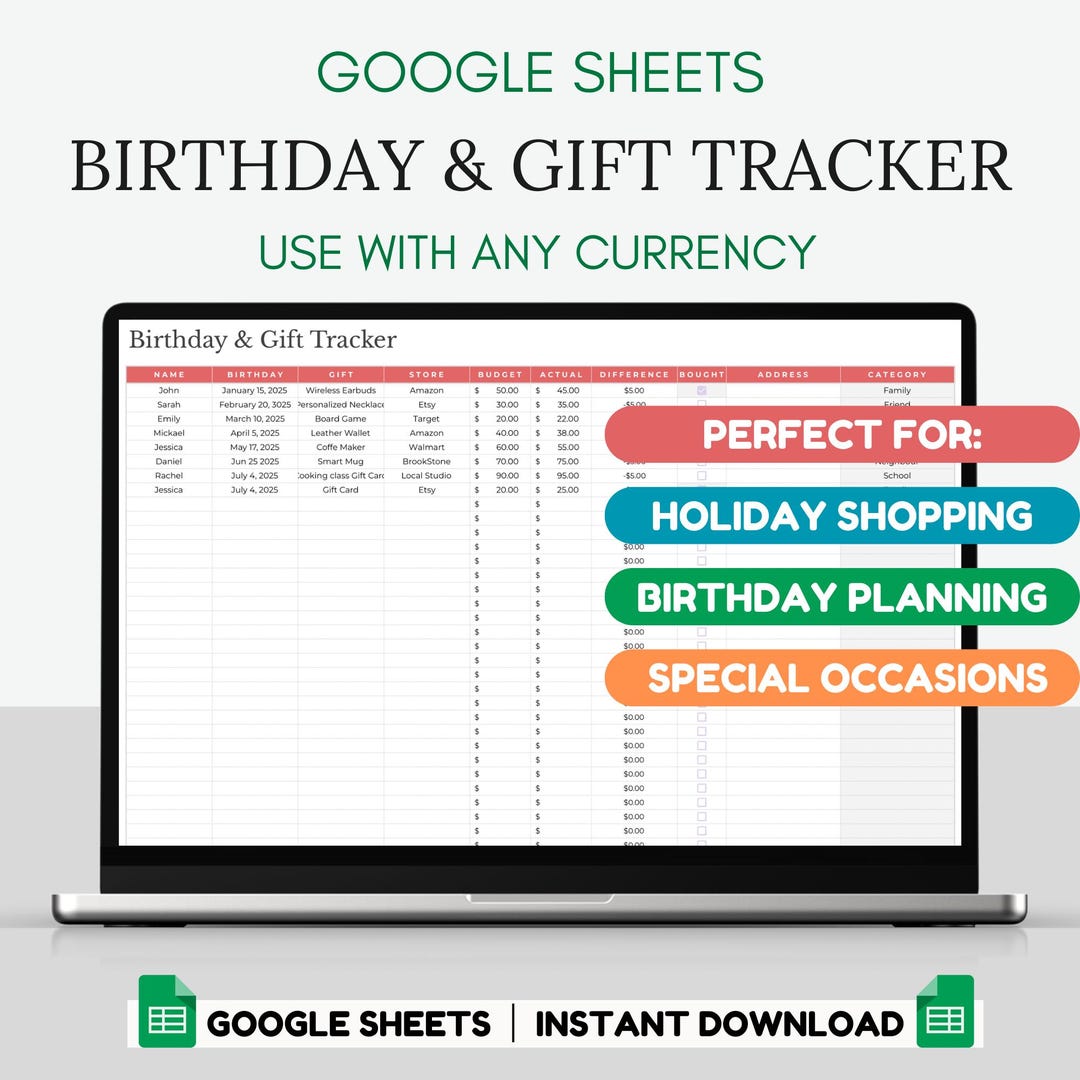 Birthday & Gift Tracker Spreadsheet Google Sheets Gift Planner Template ...