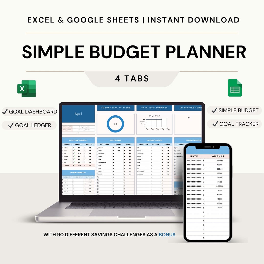 Budget Planner Excel & Google Sheets, Simple Monthly, Weekly or ...