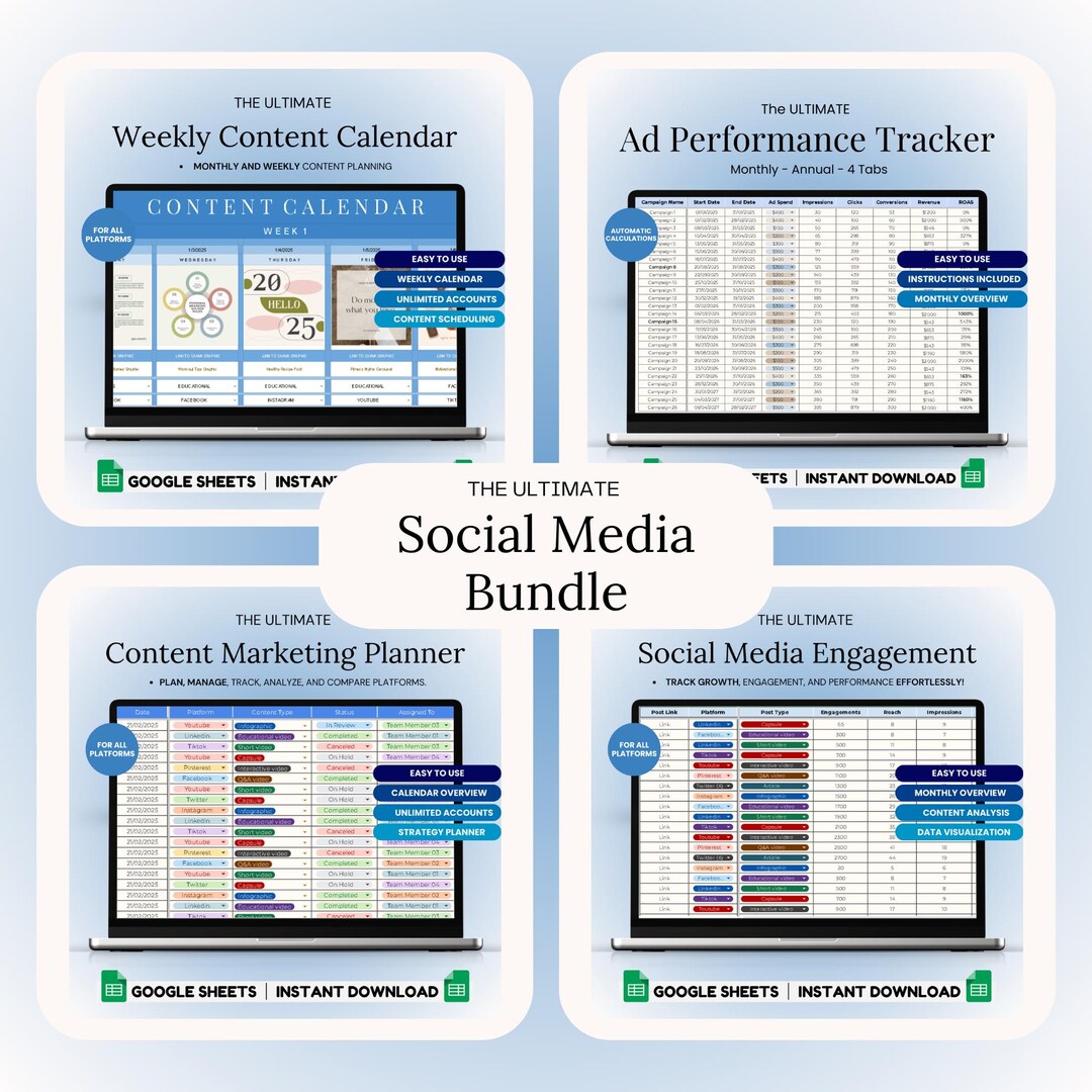 Social Media Bundle Content Calendar Spreadsheet Template Google Sheets ...