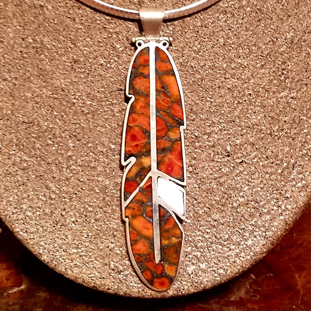 REVERSIBLE Stone Inlay Feather Pendant - Coral Metal Matrix, Mother of ...
