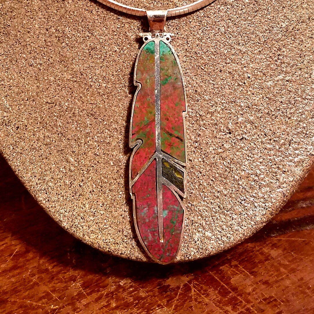 REVERSIBLE Stone Inlay Feather Pendant - Sonora Sunset Jasper ...
