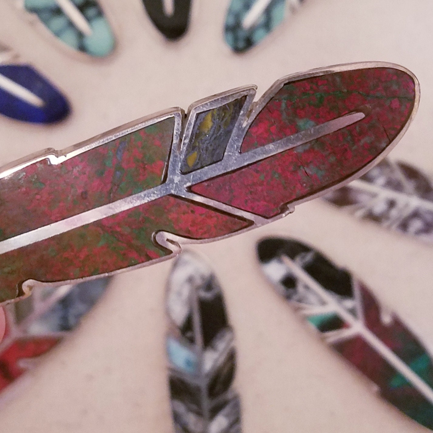 REVERSIBLE Stone Inlay Feather Pendant Sonora Sunset Jasper, Marramamba ...